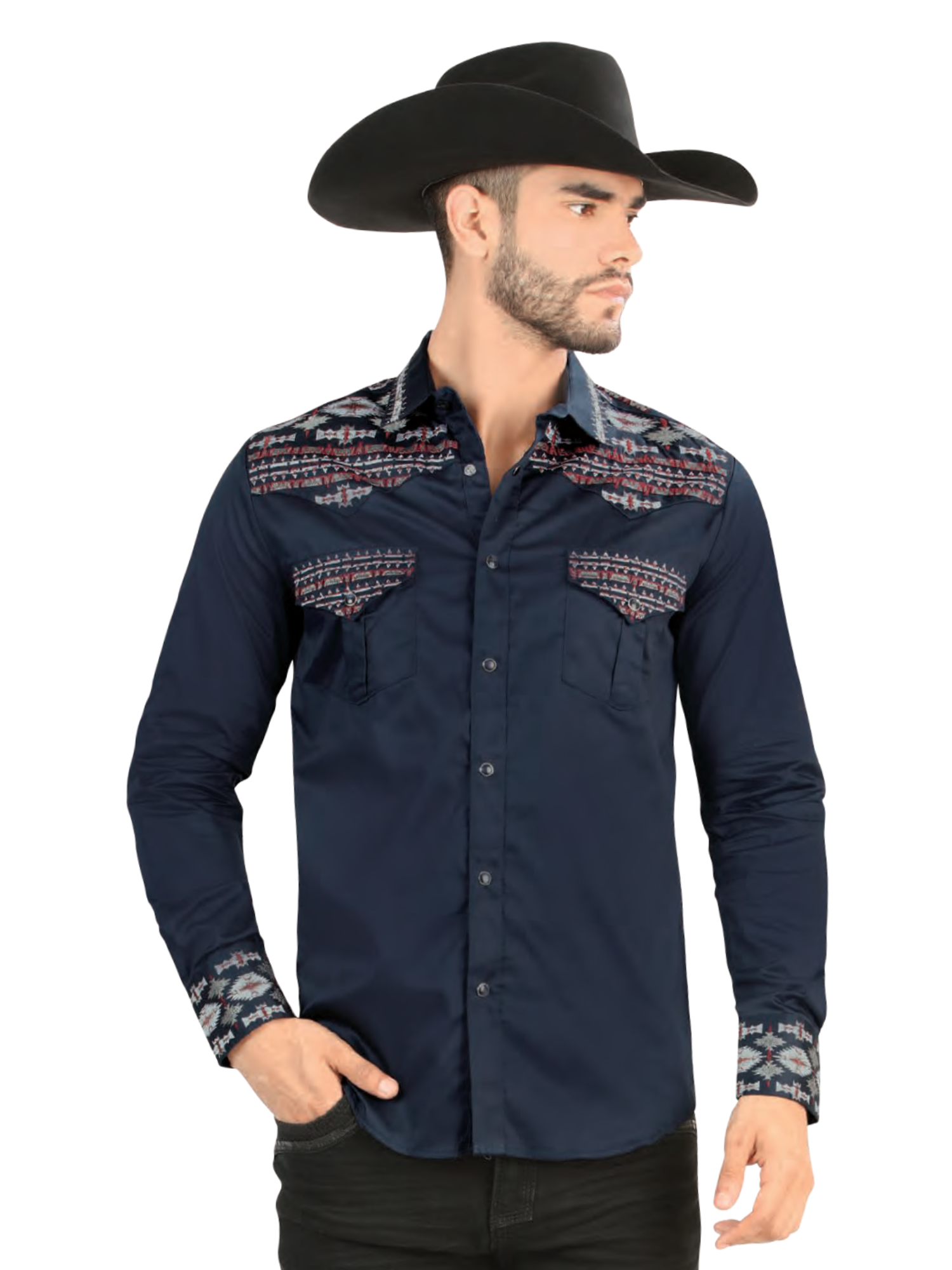 Embroidered Denim Shirt with Long Sleeves and Snap Closures - Western ...